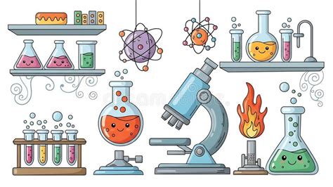 Cute Science Lab Cartoon Microscope Beakers Test Tubes Stock