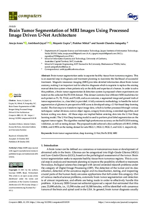 Pdf Brain Tumor Segmentation Of Mri Images Using Processed Image Driven U Net Architecture