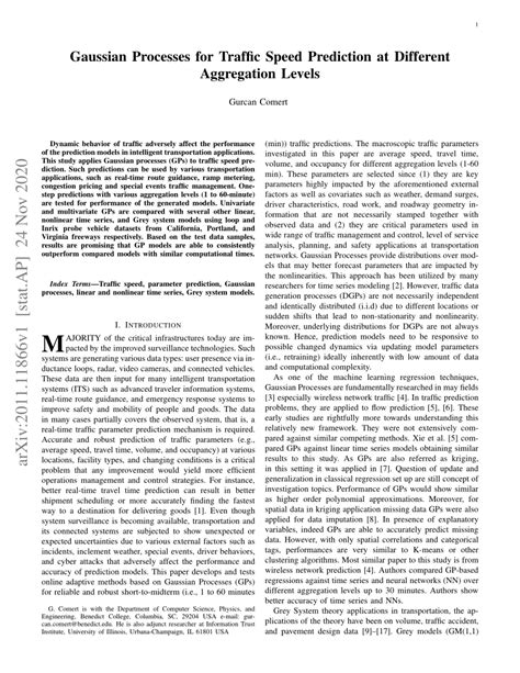Pdf Gaussian Processes For Traffic Speed Prediction At Different
