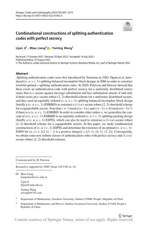 Combinational Constructions Of Splitting Authentication Codes With