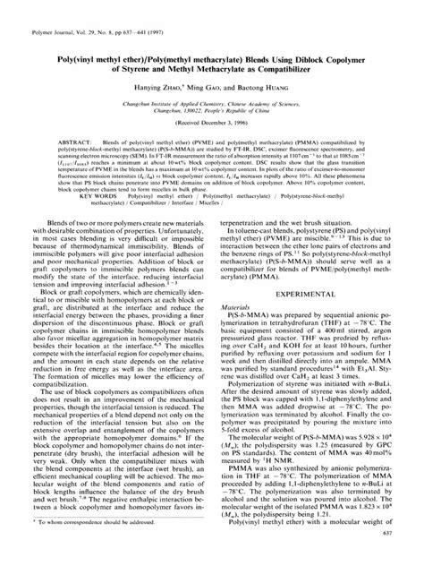 Poly Vinyl Methyl Ether Poly Methyl Methacrylate Blends Using Diblock Copolymer Pdf