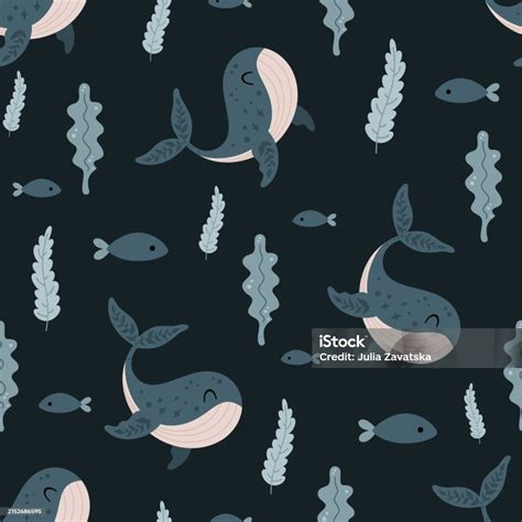 고래 물고기 해초가 있는 바다 이음새가 없는 패턴은 평평한 스타일입니다 해양 디지털 종이 해상 스크랩북 배경 인쇄 손으로 그린 벡터 패턴 0명에 대한 스톡 벡터 아트 및