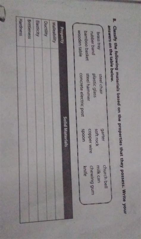 8 Classify The Following Materials Based On The Properties That They Possess Write Your