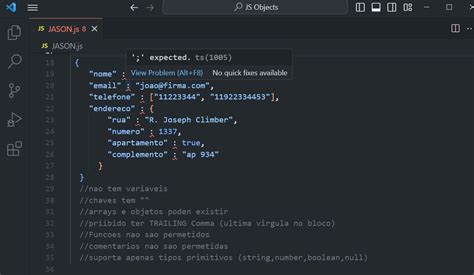 VSCode Marca Erro JavaScript Objetos Solucionado