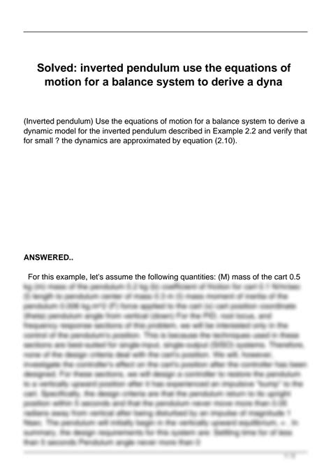 Solution Solved Inverted Pendulum Use The Equations Of Motion For A