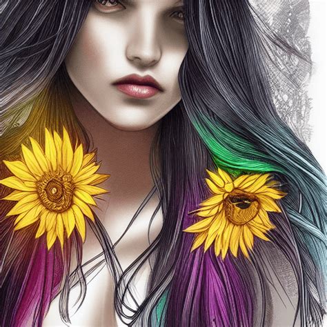 Sunflower Curvy Erotic Rgb In Style Of Charlie Bowater Sketch 4k Colorful Flawless Line Art Full