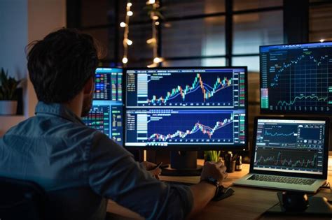 A Man Sits At A Desk With A Computer And A Graph Showing The Graph Graph Premium Ai Generated