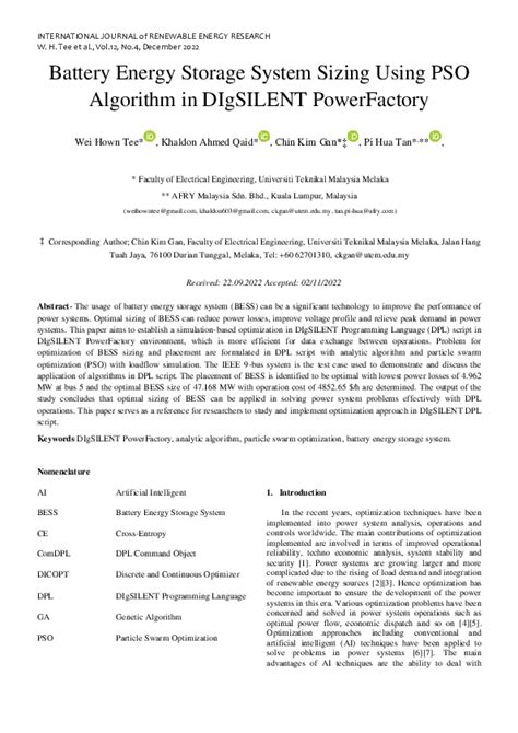 pdf battery energy storage system sizing using pso algorithm in