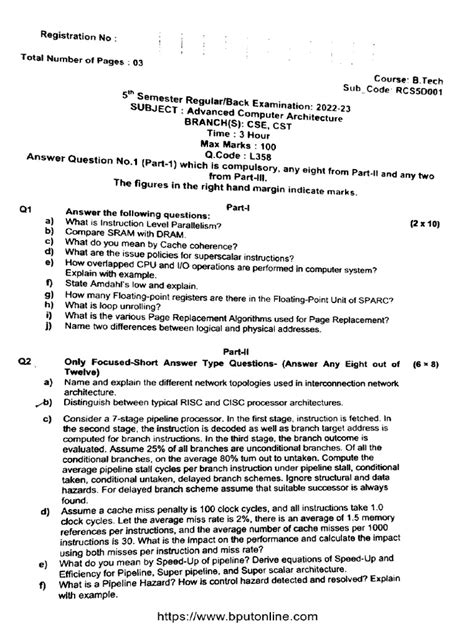 Btech Cse Cst 4 Sem Advanced Computer Architecture Rcs5d001 2023 Pdf