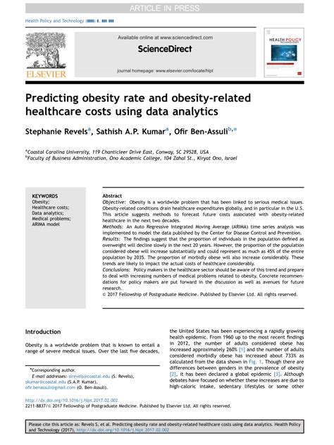 Pdf Predicting Obesity Rate And Obesity Related Healthcare Costs Using Data Analytics