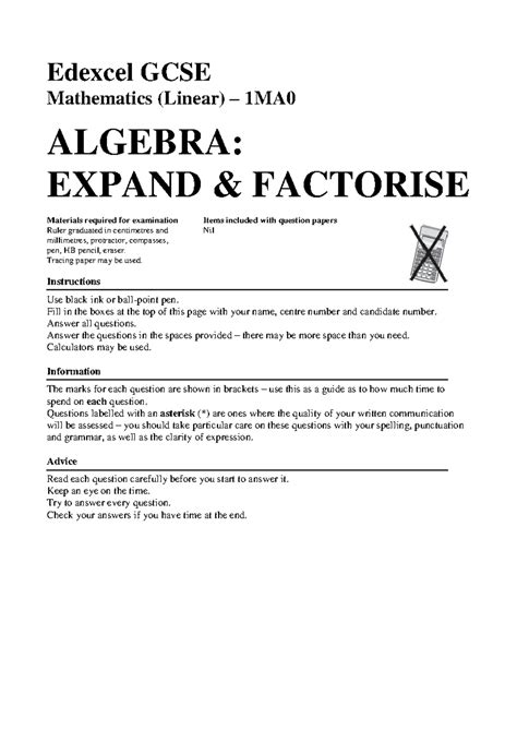 58 Algebra Expand And Factorise Edexcel Gcse Mathematics Linear 1ma Algebra Expand
