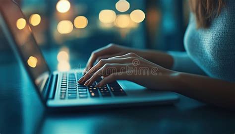 Close Up Image Of A Woman Typing On A Laptop At A Desk In A Vertical