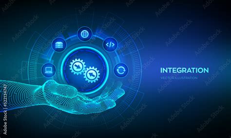 Integration Data System System Integration Technology Concept In Wireframe Hand Industrial And
