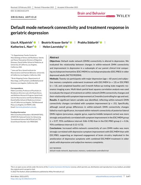 Pdf Default Mode Network Connectivity And Treatment Response In Geriatric Depression