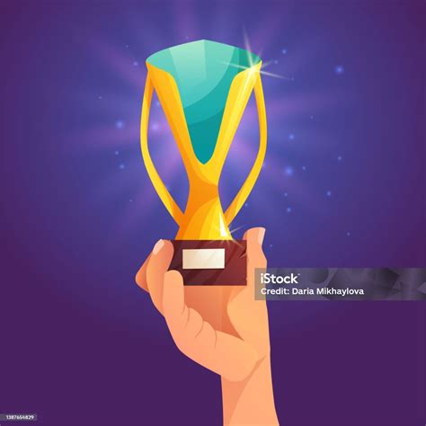 우승자는 성취 리더십 승리 성공의 아이디어 손에 잔을 들고있다 챔피언 컵 트로피 황금 상 2d 게임에 대한 아이콘 만화 벡터 일러스트레이션 1위에 대한 스톡 벡터 아트 및