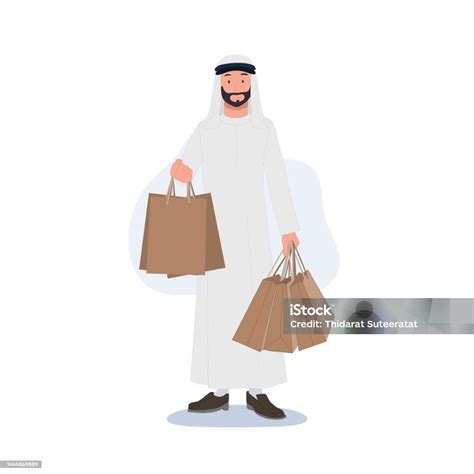 양손에 쇼핑백을 들고 전통 의상을 입은 사우디 아랍 남자 캐릭터 평면 벡터 만화 캐릭터 그림입니다 가방에 대한 스톡 벡터 아트
