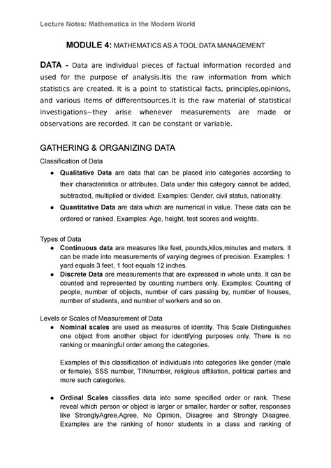 Lecture Notes Mathematics As A Tool Data Management Module 4