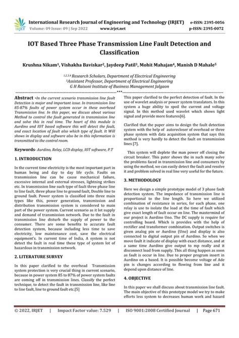 Iot Based Three Phase Transmission Line Fault Detection And Classification