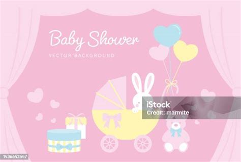 유모차 토끼 테디 베어 풍선 배너 선물 상자 베이비 샤워 카드 전단지 소셜 미디어 배경 화면 등이있는 벡터 배경 베이비샤워에 대한 스톡 벡터 아트 및 기타 이미지 Istock