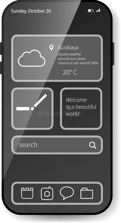Monochrome Mobile Ui Design With Weather And Minimalist Widgets Stock