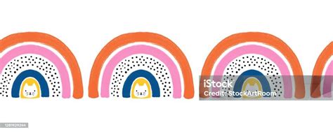 무지개 고양이 손 그려진 매끄러운 수평 테두리 귀여운 손으로 그린 스칸디나비아 스타일의 어린이 일러스트 레이션 반복 패턴 어린이 장식 인사말 카드 리본 직물 트림 풋터 헤더