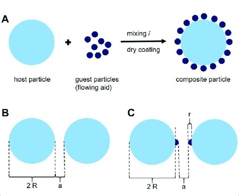a formation of composite particles by dry particle coating of host