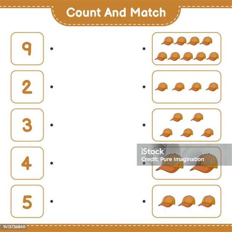 카운트와 매치 캡 햇의 수를 계산하고 올바른 숫자와 일치 교육 어린이 게임 인쇄 가능한 워크 시트 벡터 일러스트 레이 션 0명에 대한 스톡 벡터 아트 및 기타 이미지