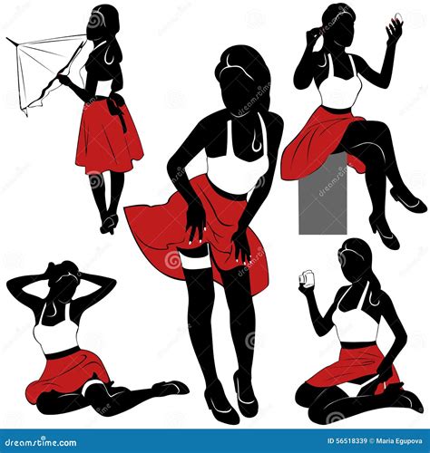 Silhouettes Of Pinup Girls Sitting In Poses Cartoon Vector 120184417
