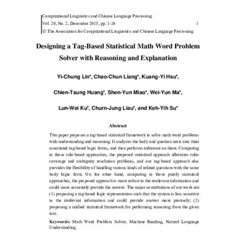 Designing A Tag Based Statistical Math Word Problem Solver With Reasoning And Explanation Acl