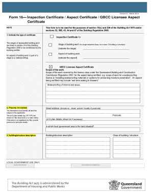 Fillable Online Form16Inspection Certificate Aspect Certificate QBCC Licensee Fax Email