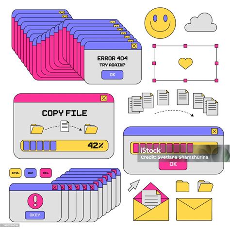 생생한 색상 80 년대 오래된 컴퓨터 Aestethic 요소 세트입니다 레트로 Pc 사용자 인터페이스 운영 체제 창 트렌디 한