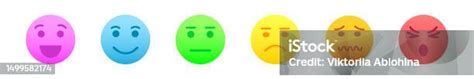 서로 다른 긍정적이고 부정적인 감정을 가진 다채로운 이모티콘 얼굴 세트 행복 미소 슬픔 혼란 화난 우울한 얼굴 표정 아이콘 Lol에 대한 스톡 벡터 아트 및 기타 이미지