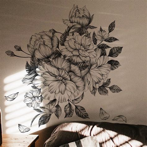 Runtoo Black And White Floral Wall Decals Peony Flower Wall