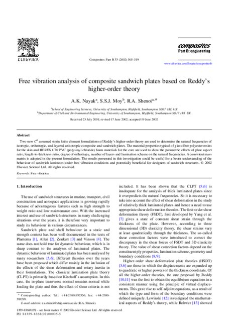 Pdf Free Vibration Analysis Of Composite Sandwich Plates Based On Reddys Higher Order Theory