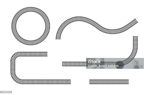 철도 부품 세트입니다 상단 공중 보기의 철도 도로 요소 기차 트랙 직선 및 곡선 선 및 원형 프레임 절연 통하고 있는 백색 배경 울타리 또는 계단 텍스처입니다 벡터 그래픽