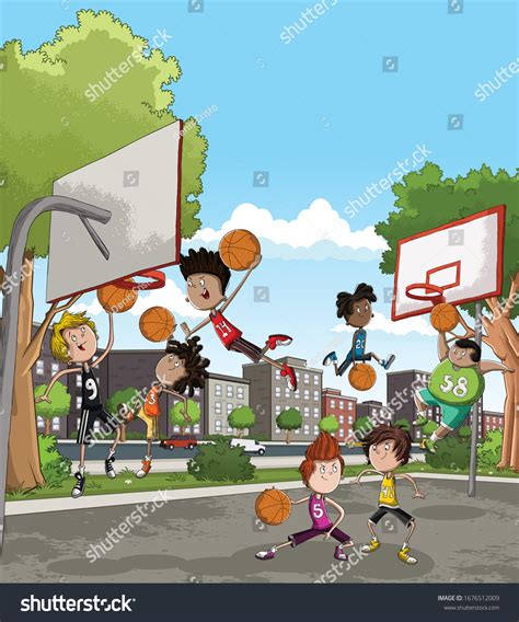 만화 어린 아이들이 법정에서 농구를 하고 스톡 벡터로열티 프리 1676512009 Shutterstock