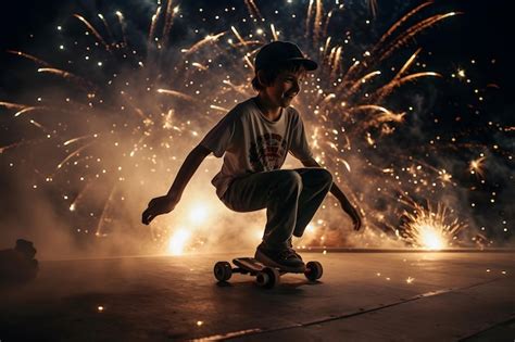 premium ai image guy with a skateboard on the background of fireworks neural network ai generated