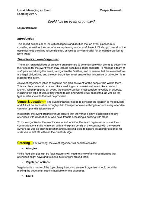 unit 4 managing an event la a assignment learning aim a could i be
