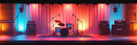 A Colorful Stage Set With A Variety Of Musical Instruments And Microphones Ready For A Lively