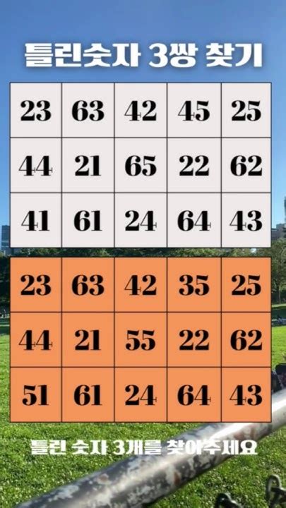 메모리테스트 기억을 되살려 틀린숫자 맞추기3쌍의 다른 숫자를 찾으시면 됩니다위 아래를 비교하여 틀린숫자 3쌍을 찾아보세요정답을 찾으셨다면 정답을 2번 터치틀린숫자