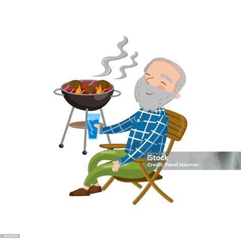 행복 미소 할아버지의 자에 앉아서 마시는 동안 바베 큐를 굽고 만화 벡터 일러스트 레이 션 귀여운에 대한 스톡 벡터 아트 및