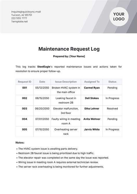 Free Maintenance Request Log Template To Edit Online