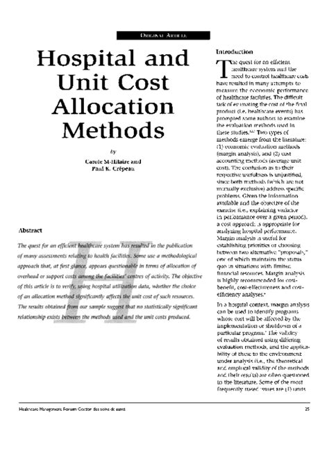 Pdf Hospital And Unit Cost Allocation Methods