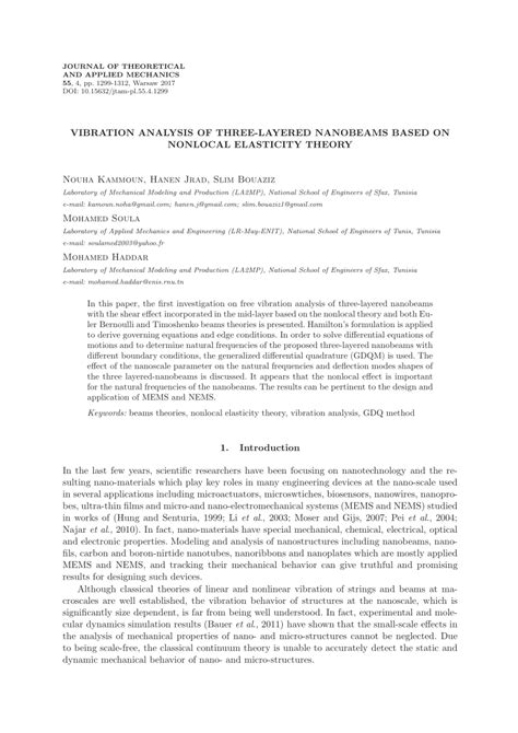 Pdf Vibration Analysis Of Three Layered Nanobeams Based On Nonlocal Elasticity Theory