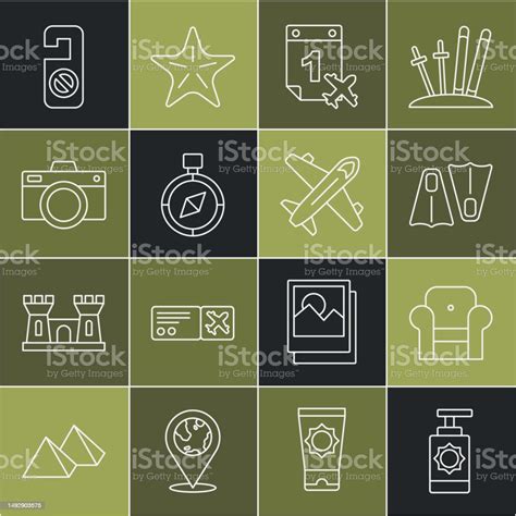 세트 라인 선 스크린 스프레이 병 안락 의자 수영 용 고무 오리발 달력 및 비행기 나침반 사진 카메라 방해하지 마십시오 및 비행기 아이콘 벡터 가구에 대한 스톡 벡터 아트