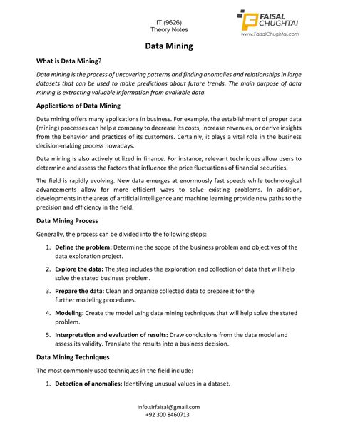 Data Mining It 9626 Theory Notes Infogmail 92 300 8460713 Data Mining What Is Data Mining