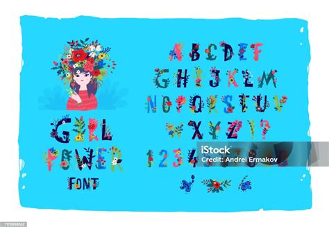 꽃과 식물 영어 알파벳입니다 벡터 글꼴 소녀 전원입니다 화환에 소녀 여름과 봄의 이미지 상점 화장품 및 여성 용 제품에 대한 장식 항목 건강과 아름다움 3월 8일 알파벳에