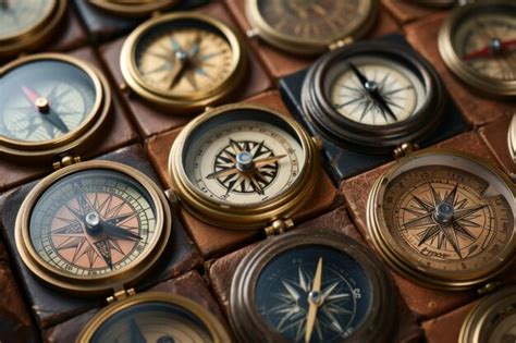 Assortment Of Different Types Of Compasses On A Table Premium Ai