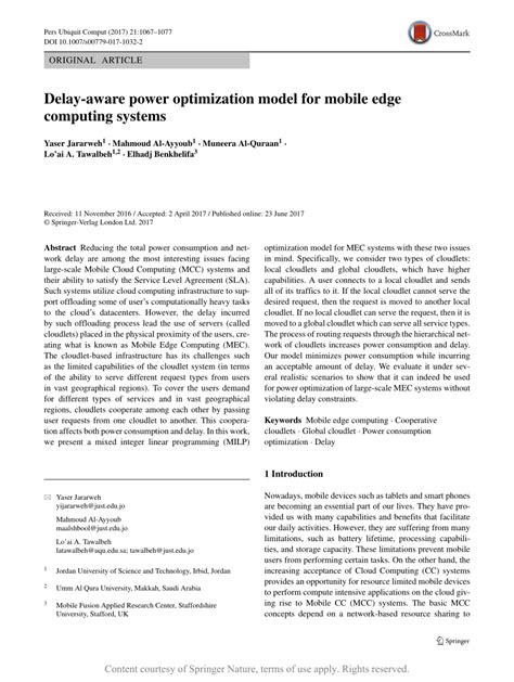 Delay Aware Power Optimization Model For Mobile Edge Computing Systems Request Pdf