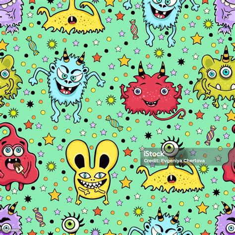 귀여운 괴물 원활한 패턴 재미있는 만화 캐릭터 인쇄 직물 섬유 디자인 별 색종이 사탕과 녹색 배경에 쾌활한 다채로운 다채로운 요정 생물 벡터 일러스트레이션 공단에 대한 스톡